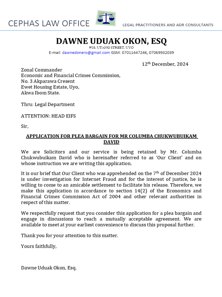Plea Bargain Application for Client | PDF