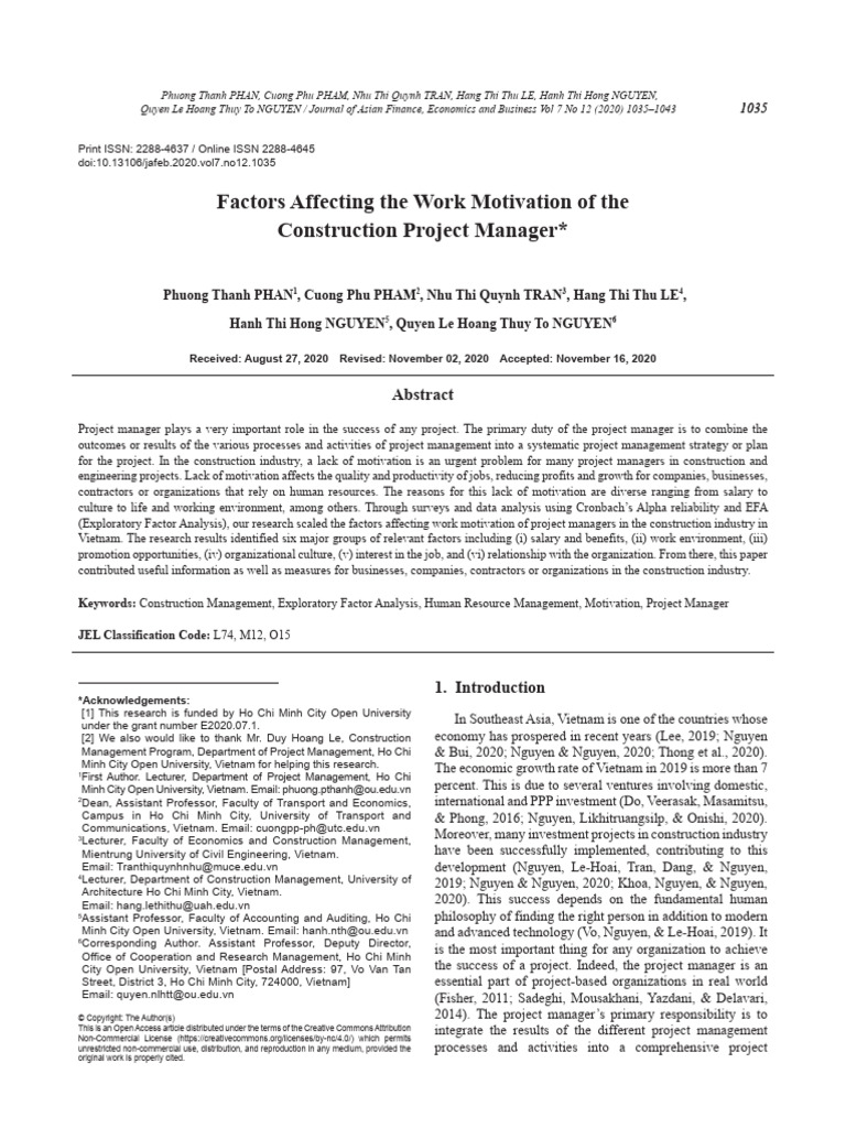 Factors Affecting the Work Motivation of the Construction Project Manager | PDF | Motivation ...