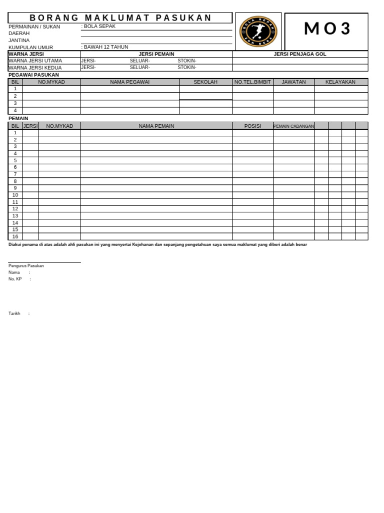 Borang Pendaftaran Bola | PDF