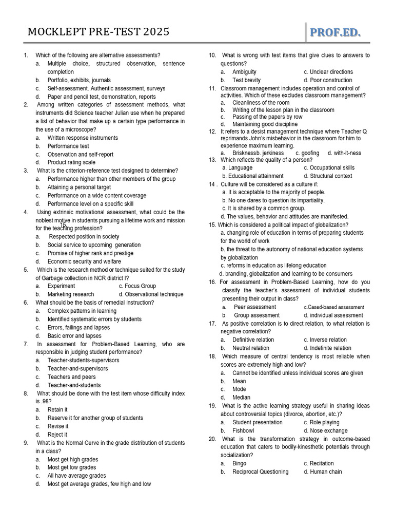 Prof Ed LET Exam Pre-Test 2025 | PDF | Learning | Teachers