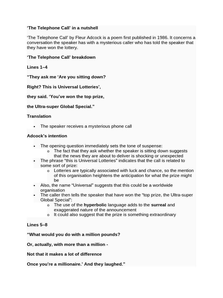 'The Telephone Call' Poem Analysis | PDF | Experience | Telephone Call