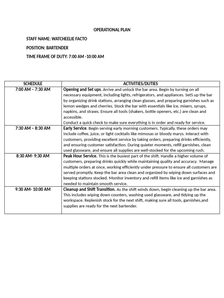 Morning Bartending Operational Plan | PDF