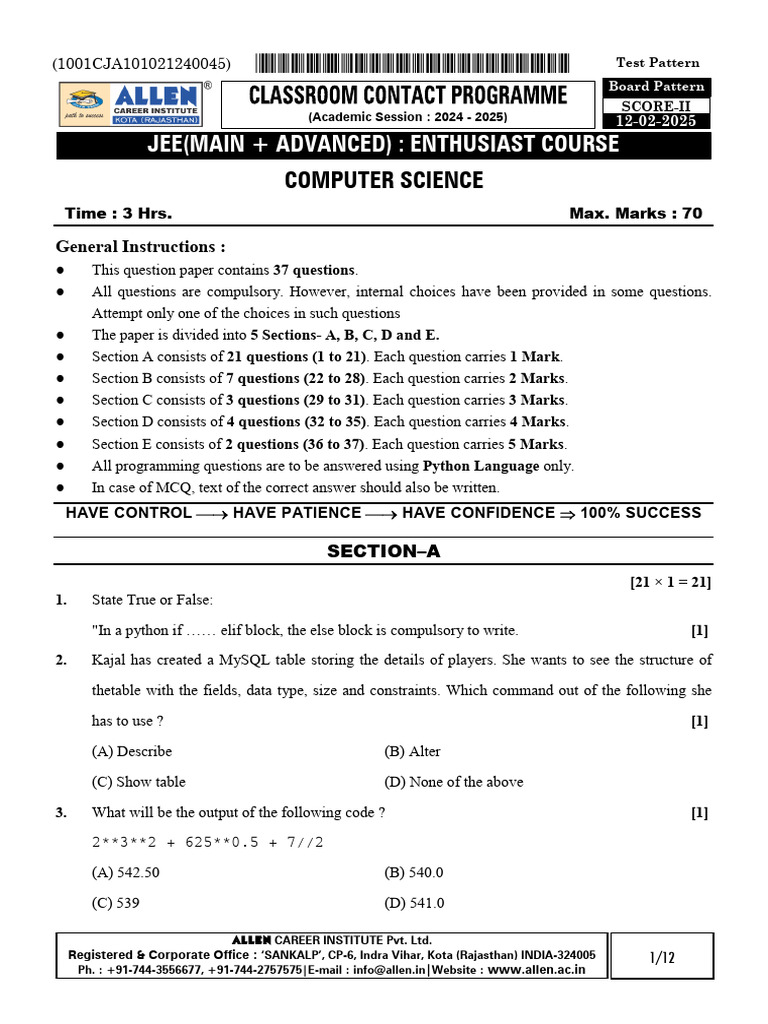 1202 Computer Science JEE Score-II Board Pattern Paper | PDF | Computer ...