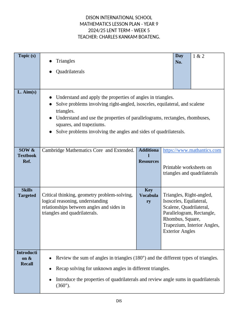 Maths - LP - Y9 - Lent - 24-25 - Week 5 | PDF | Rectangle | Triangle