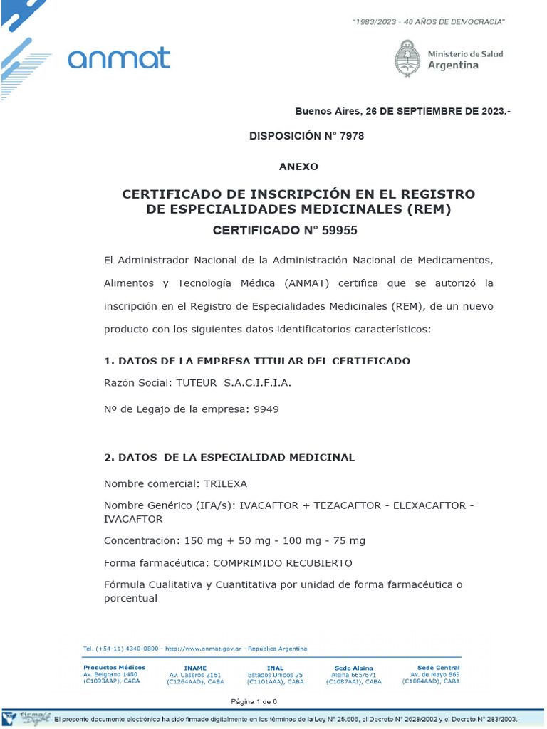 Certificación de Trilexa en ANMAT | PDF | Tableta (Farmacia) | Farmacia