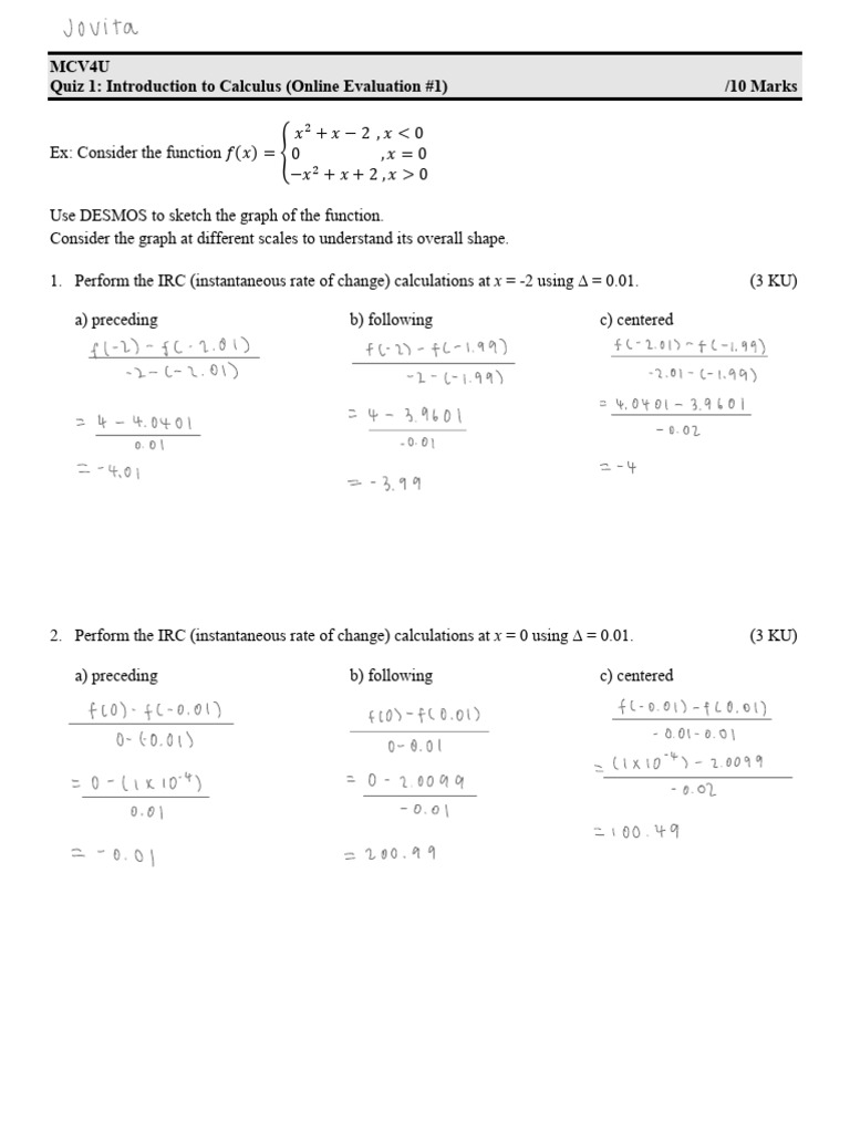 Quiz 1 (Intro. To Calculus) | PDF | Slope | Differential Geometry