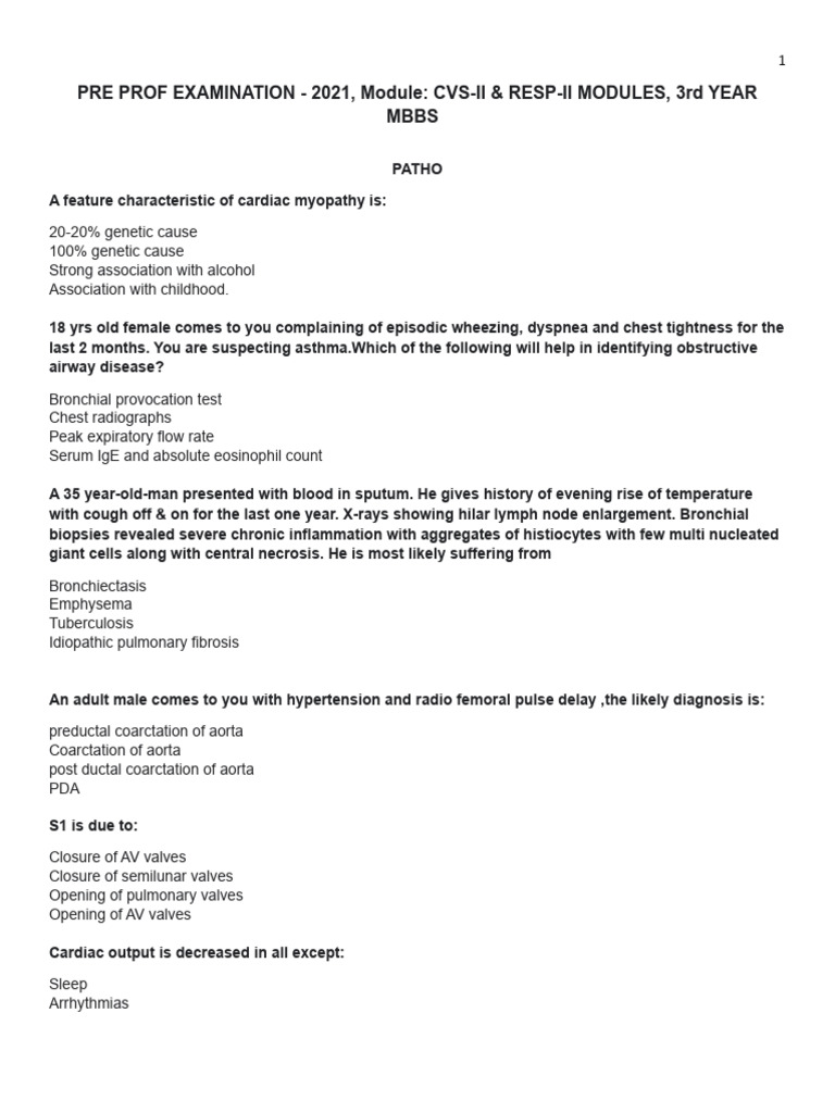 CVS+Respo Pre Proff 2021 | PDF | Pneumonia | Congenital Heart Defect