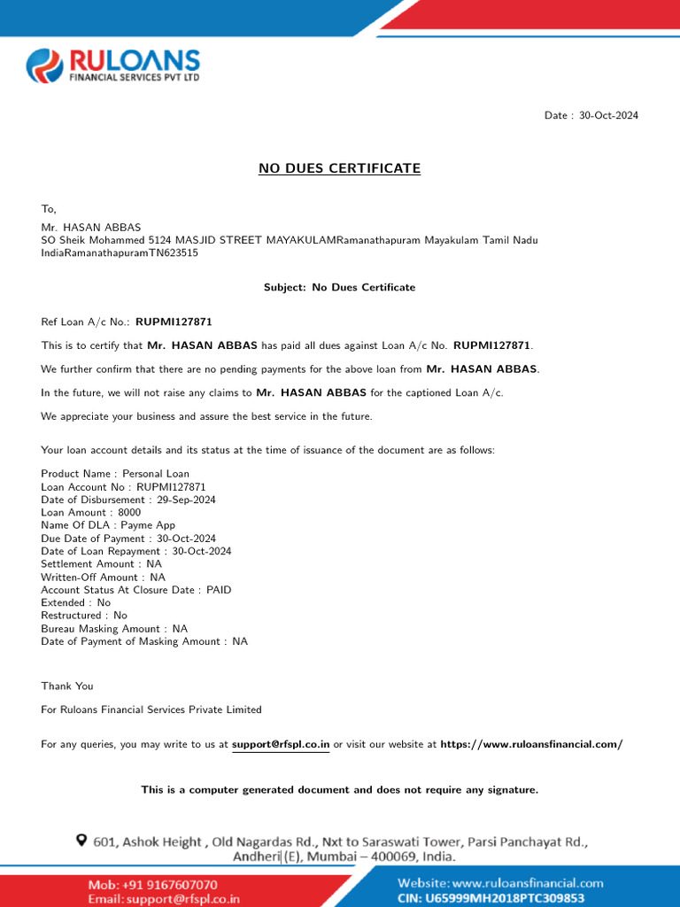 Loan Closure Certificate | PDF