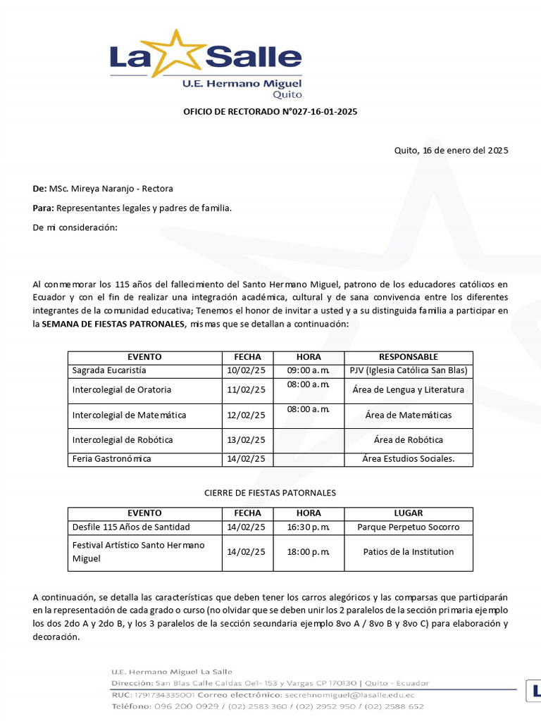 Oficio de Rectorado #027 - Fiestas Patronales | PDF