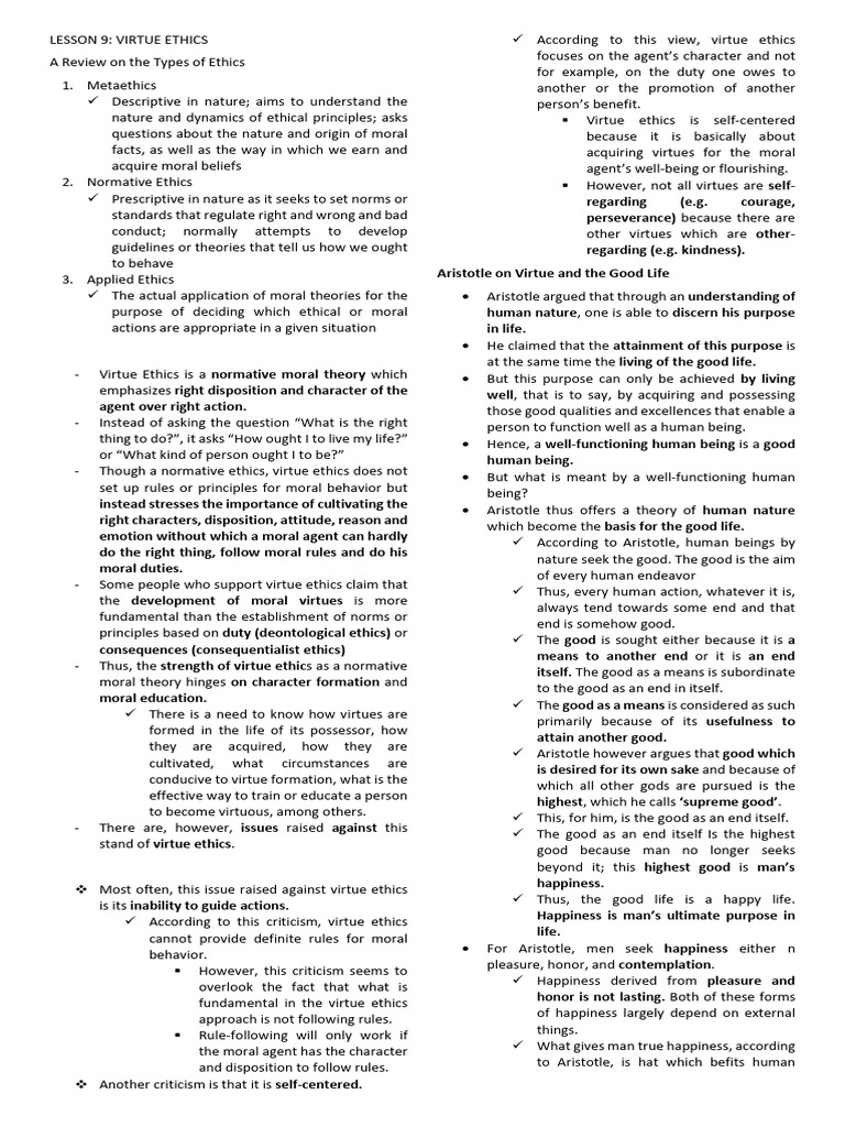 LESSON 9 VIRTUE ETHICS | PDF | Virtue Ethics | Virtue