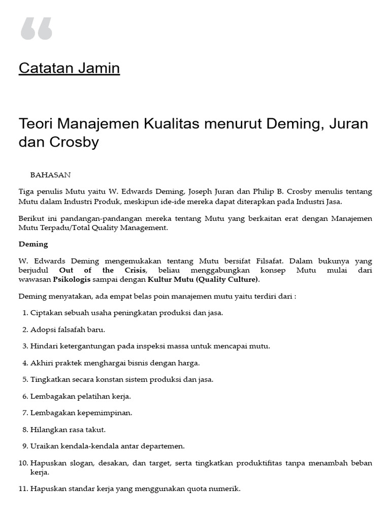 Teori Manajemen Kualitas Menurut Deming, Juran Dan Crosby - Catatan Jamin | PDF