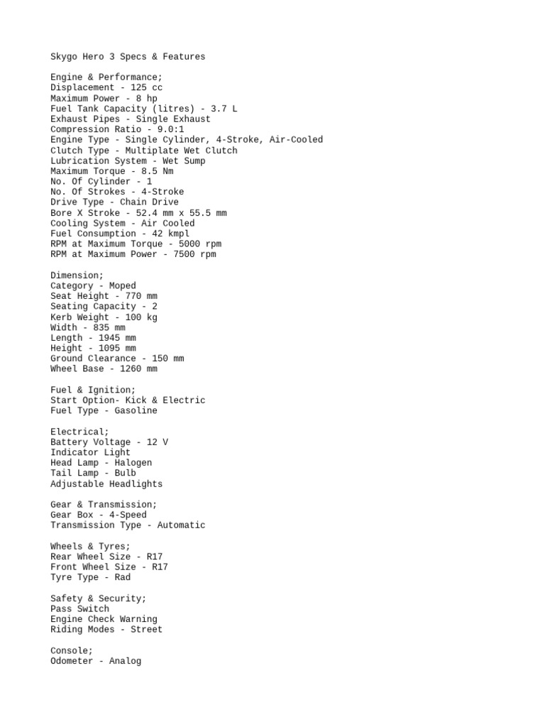 Skygo Hero 3: 125cc Moped Specs | PDF