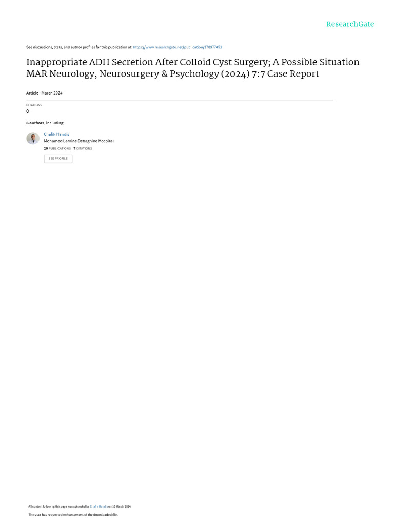 Inappropriate ADH Secretion After Colloid Cyst Surgery A Possible ...