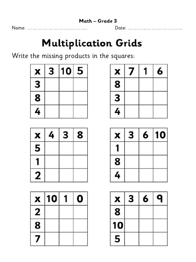 Multiplication Square Worksheet G3 - Copy | PDF