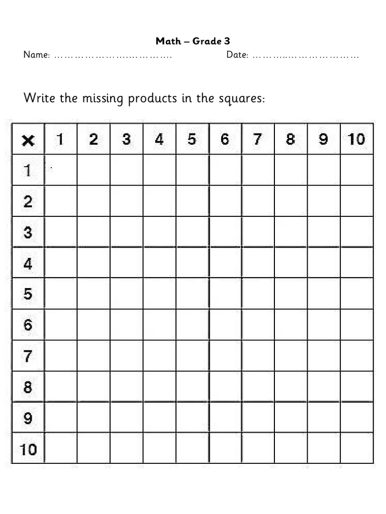Multiplication Square Worksheet G3 | PDF