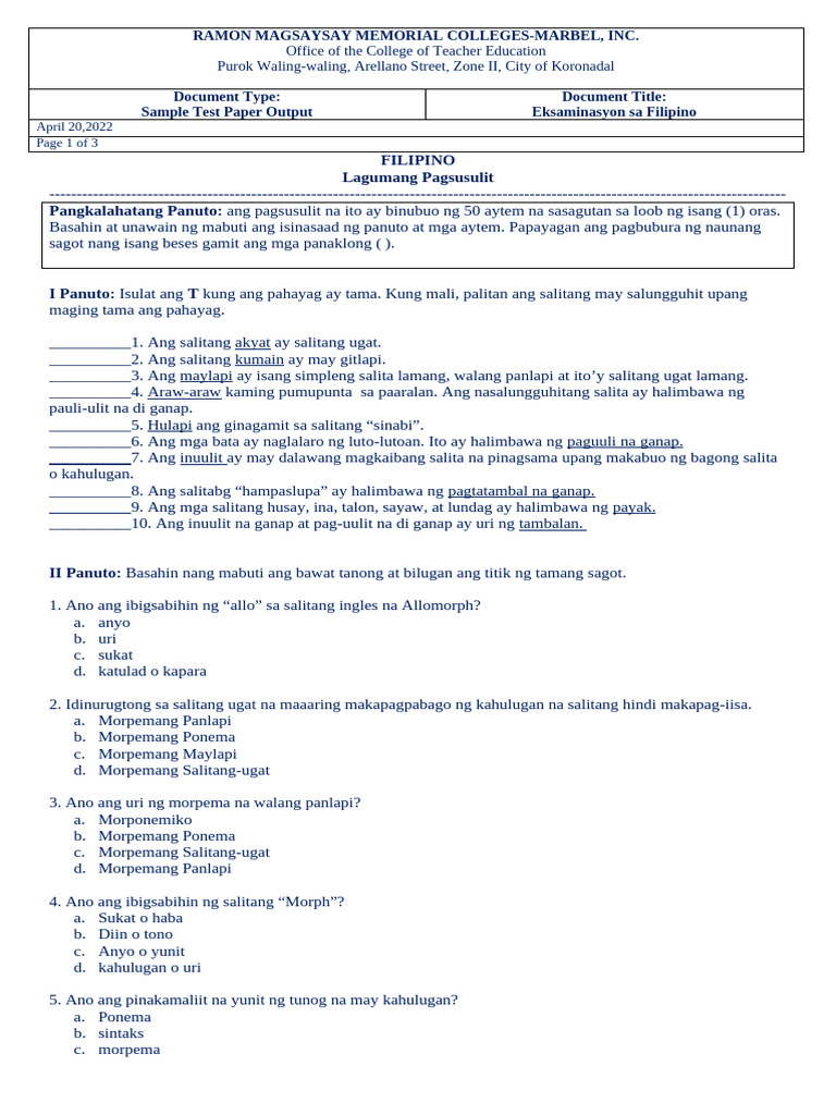 FILIPINO Test Paper | PDF