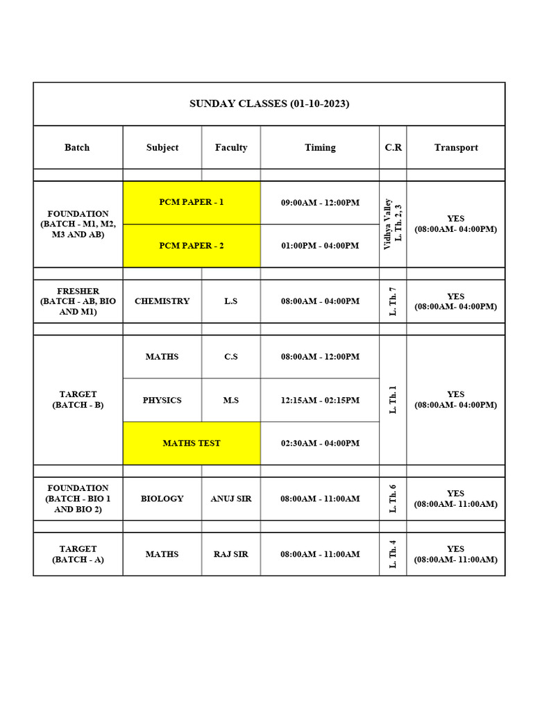 (01-10-2023) Sunday Time Table | PDF