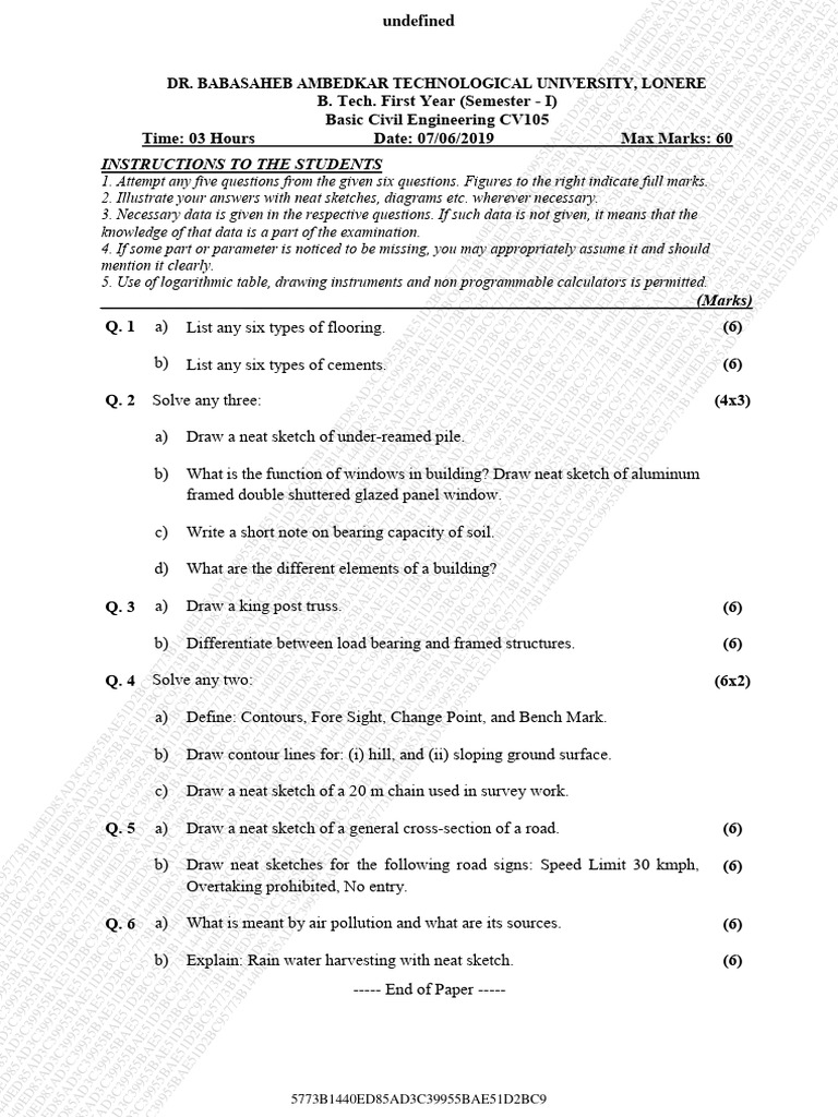 Civil Engineering Exam Paper CV105 | PDF