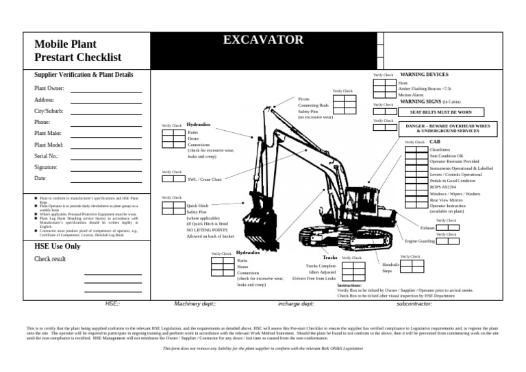 Excavator Prestart Safety Checklist | PDF