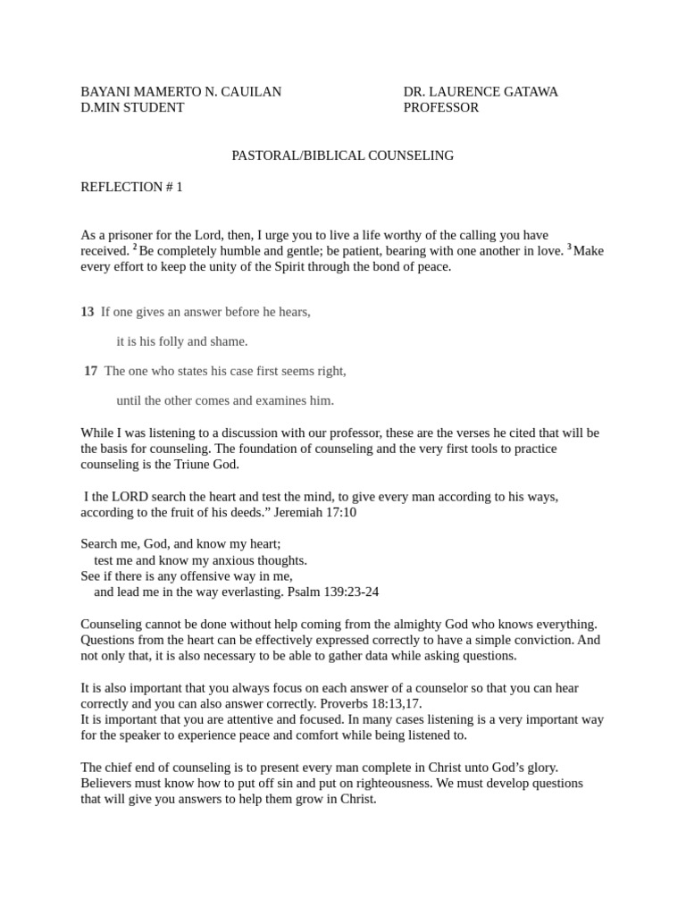 Reflection #1 Pastoral-Biblical Counseling | PDF