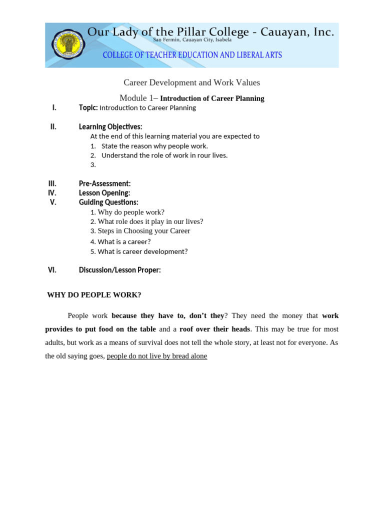 Career Planning: Values and Development | PDF | Psychology ...