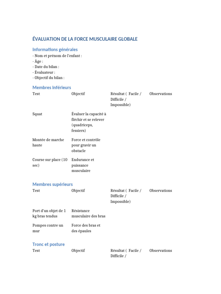 Évaluation de la Force Musculaire Enfant | PDF