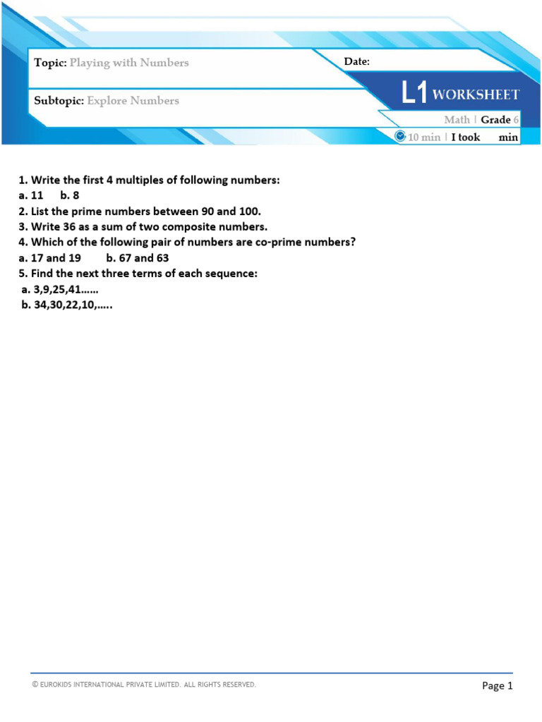 l1 Worksheet Playing With Numbers | PDF