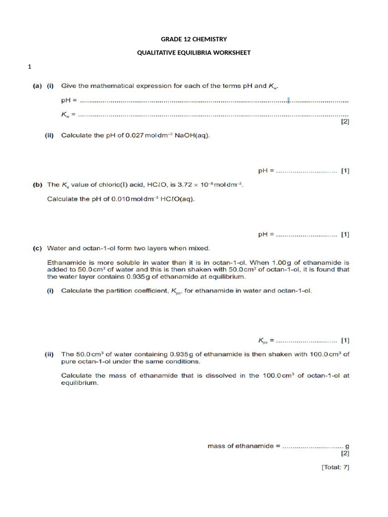 Equilibria Worksheet QP | PDF