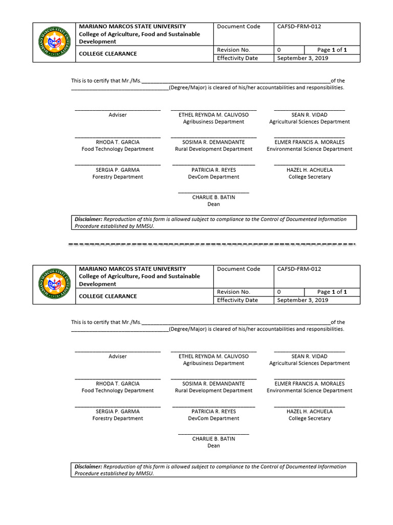 CAFSD FRM 012 College Clearance | PDF