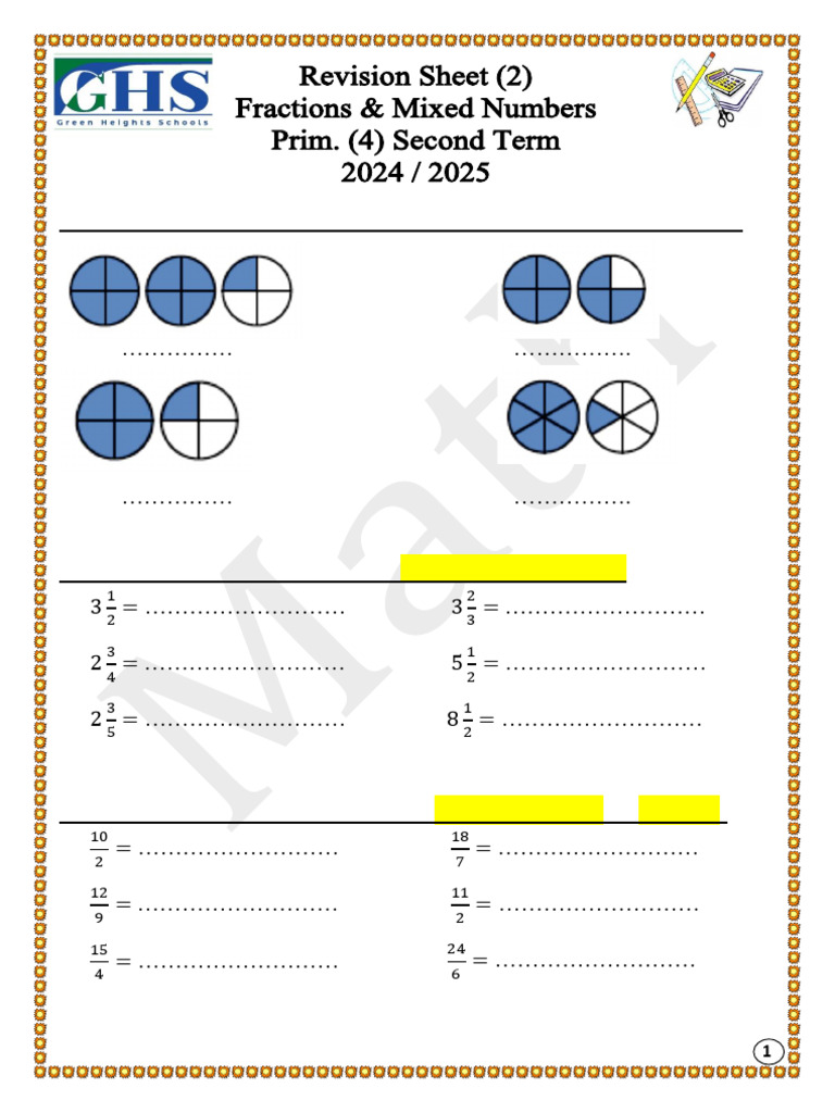 Math Revision Sheet (2) Fractions & Mixed Numbers & Model Answer Prim ...