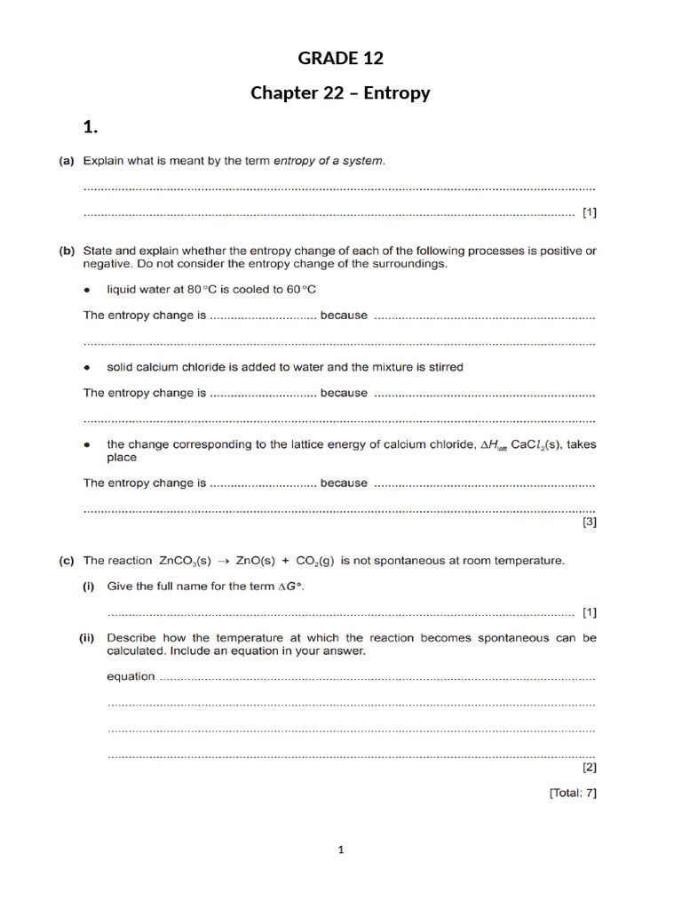 Entropy worksheet | PDF