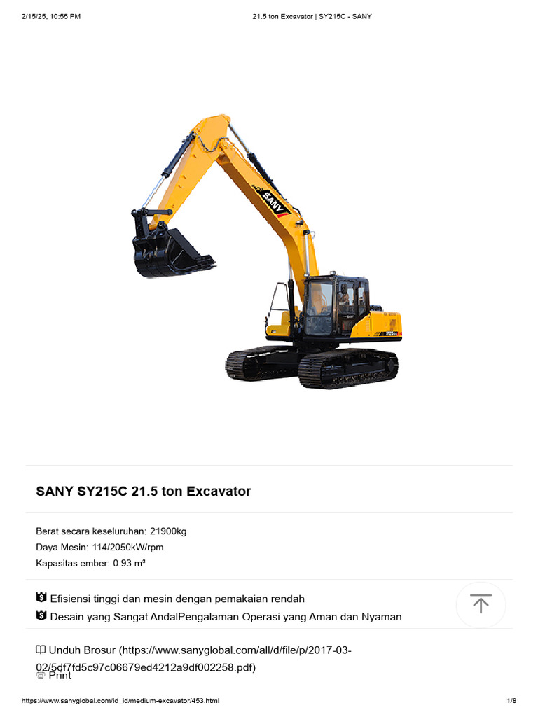 21.5 Ton Excavator - SY215C - SANY | PDF