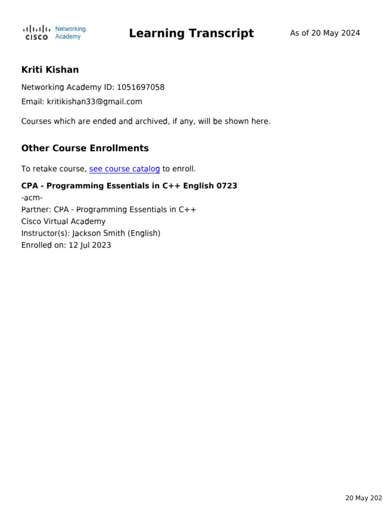 NetAcad Learning Transcript | PDF