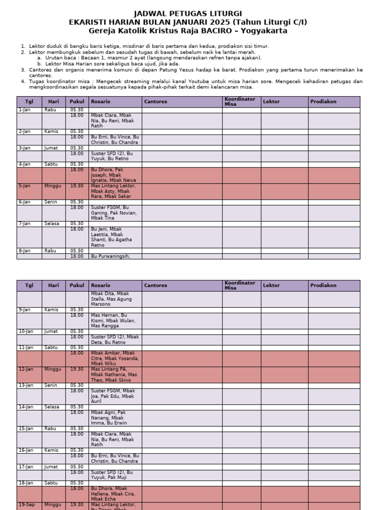 Jadwal Petugas Ekaristi Harian Januari 2025 - 063348 | PDF