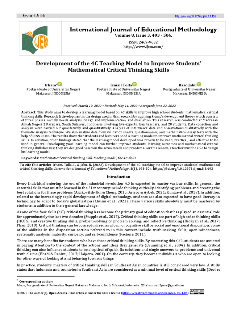 DEVELOPT 4C MODEL | PDF | Critical Thinking | Learning