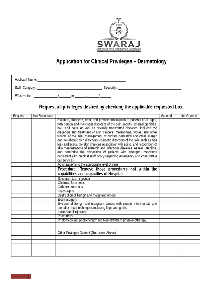 Dermatology Clinical Privileges Form | PDF | Dermatology | Cancer
