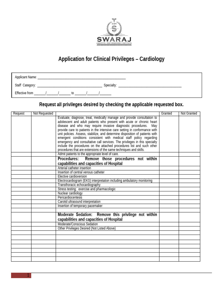 Cardiology Privilege Form | PDF | Cardiology | Internal Medicine