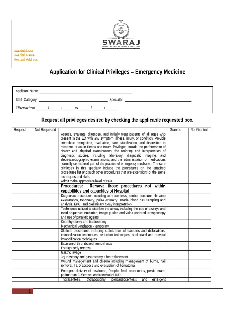 Emergency Medicine Privilege Form | PDF | Clinical Medicine | Medical ...