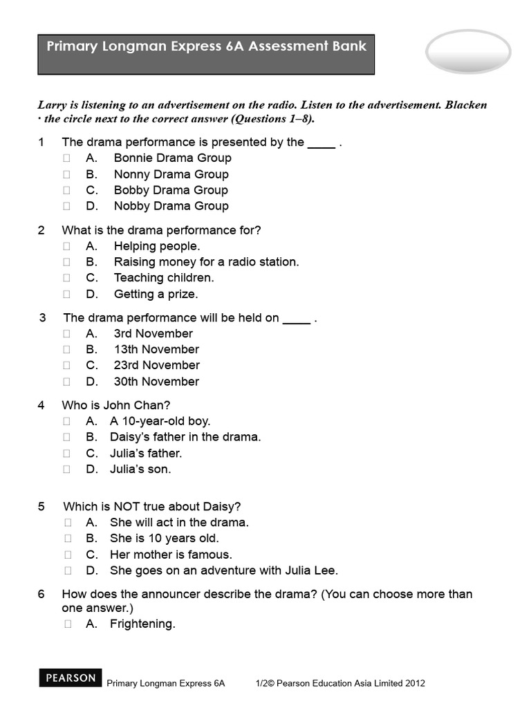 Primary Longman Express 6A Assessment Bank | PDF