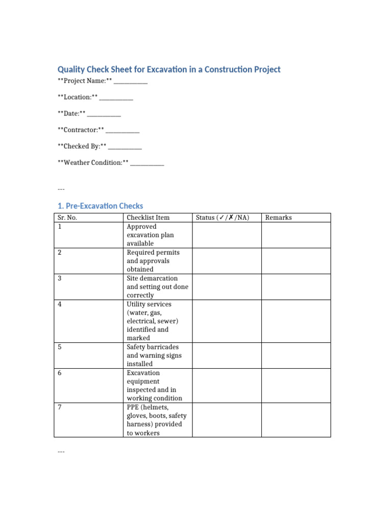 Excavation Quality Check Sheet | PDF