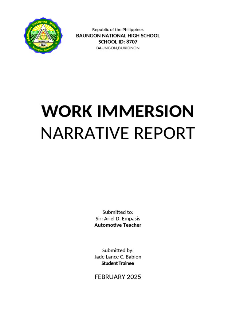 Work Immersion Narrative Report | PDF | Mentorship | Motor Vehicle
