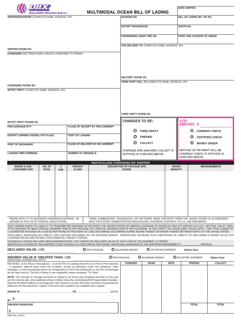 DHX Multimodal Bill of Lading | PDF | Bill Of Lading | Indemnity