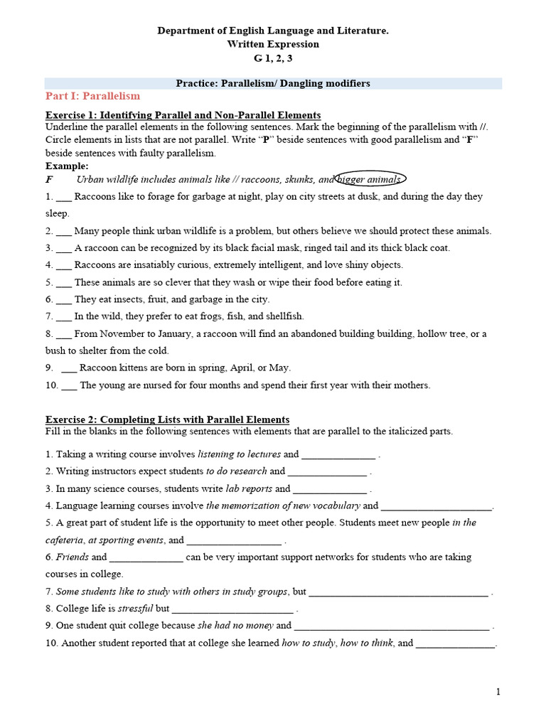 Practice - Parallelism and Dangling Modifiers | PDF | Raccoon