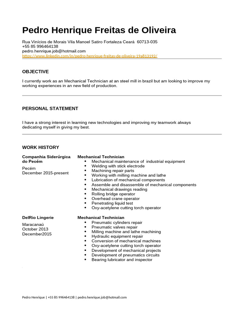 Pedro Henrique Mechanical Technician | PDF | Mechanical Engineering | Industrial Processes
