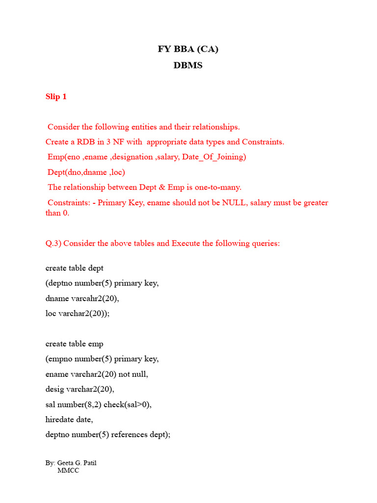 Nep Fy Bba (CA) Dbms Slips 1-15 | PDF | Relational Database | Data Management