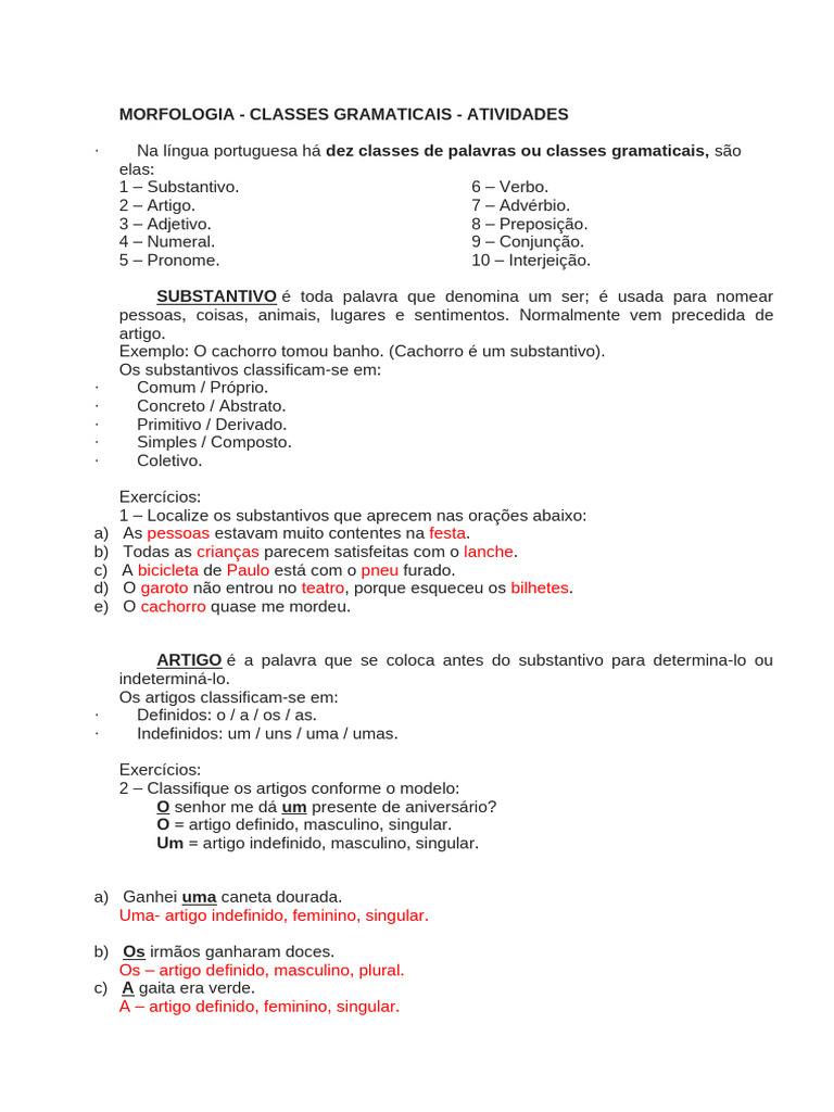 Atividades Classes Gramaticais | PDF | Classe gramatical | Pronome