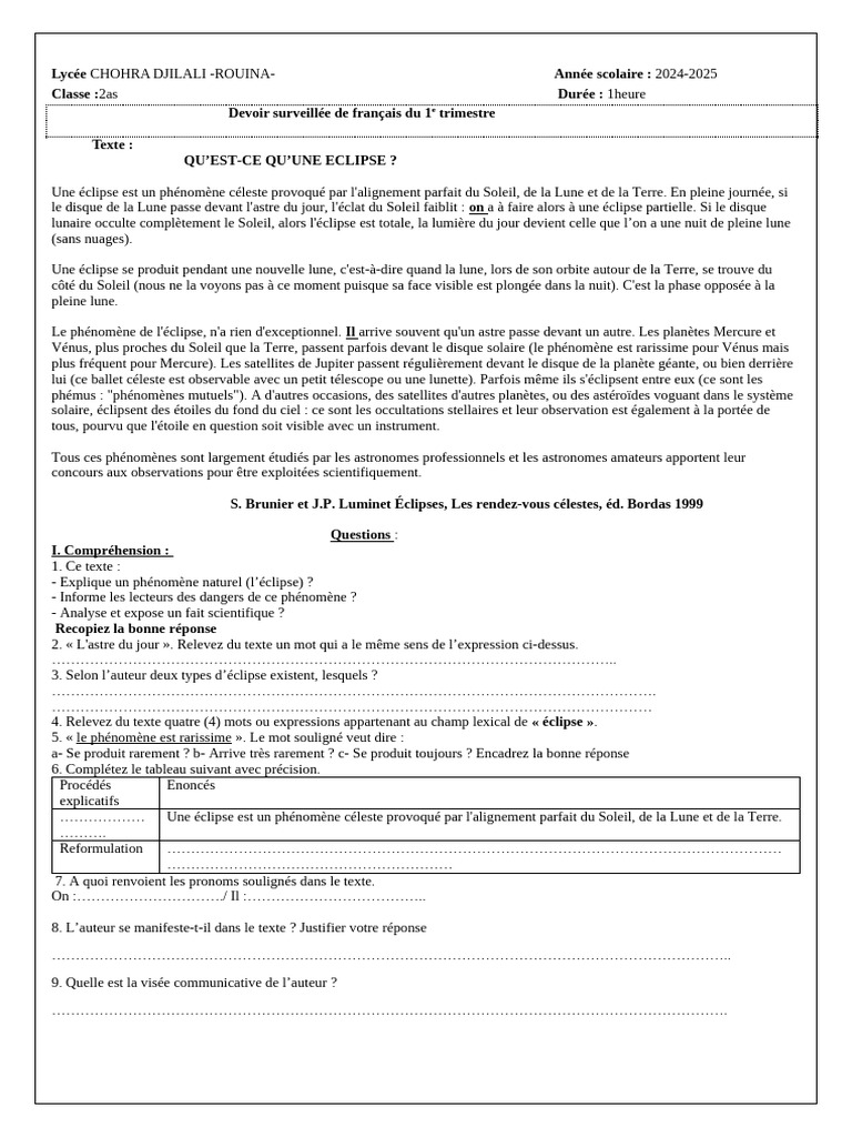 Devoir 2as | PDF | Lune | Soleil