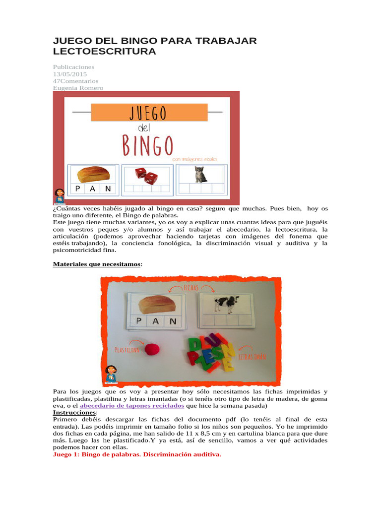 Bingo de Palabras para Lectoescritura | PDF
