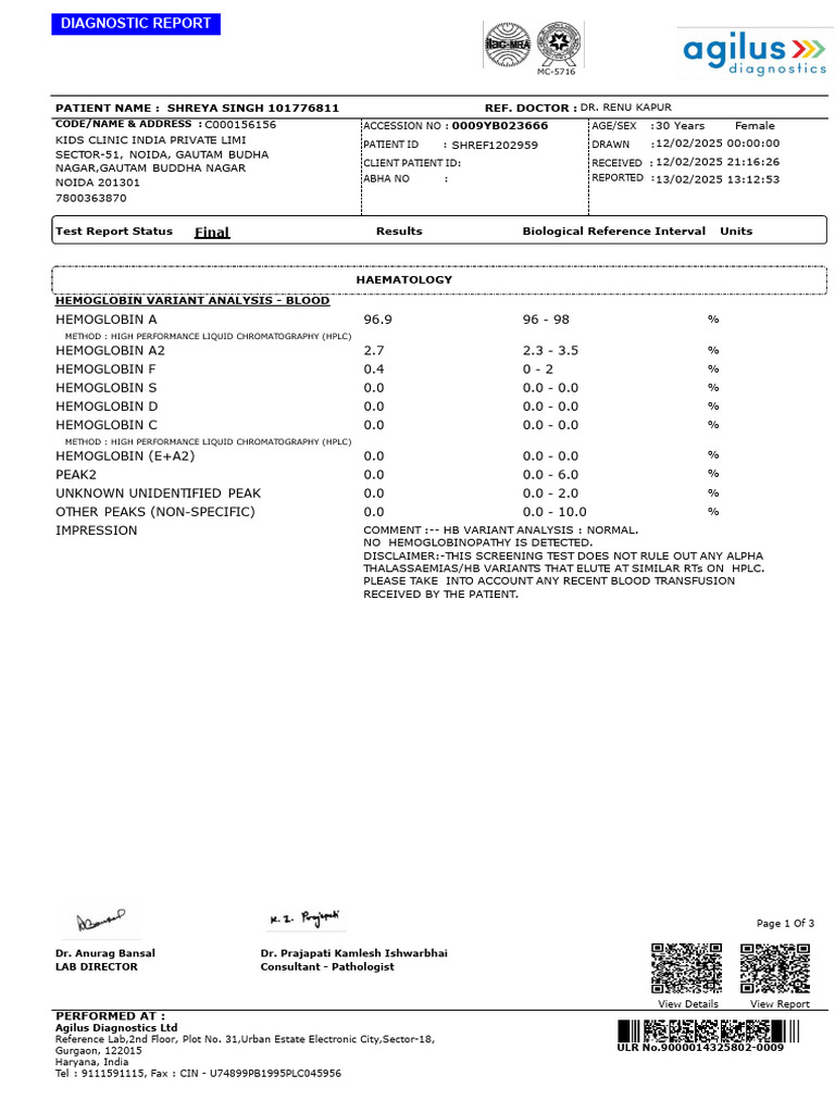 Shreya Report Hemoglobin | PDF | Anemia | Medicine