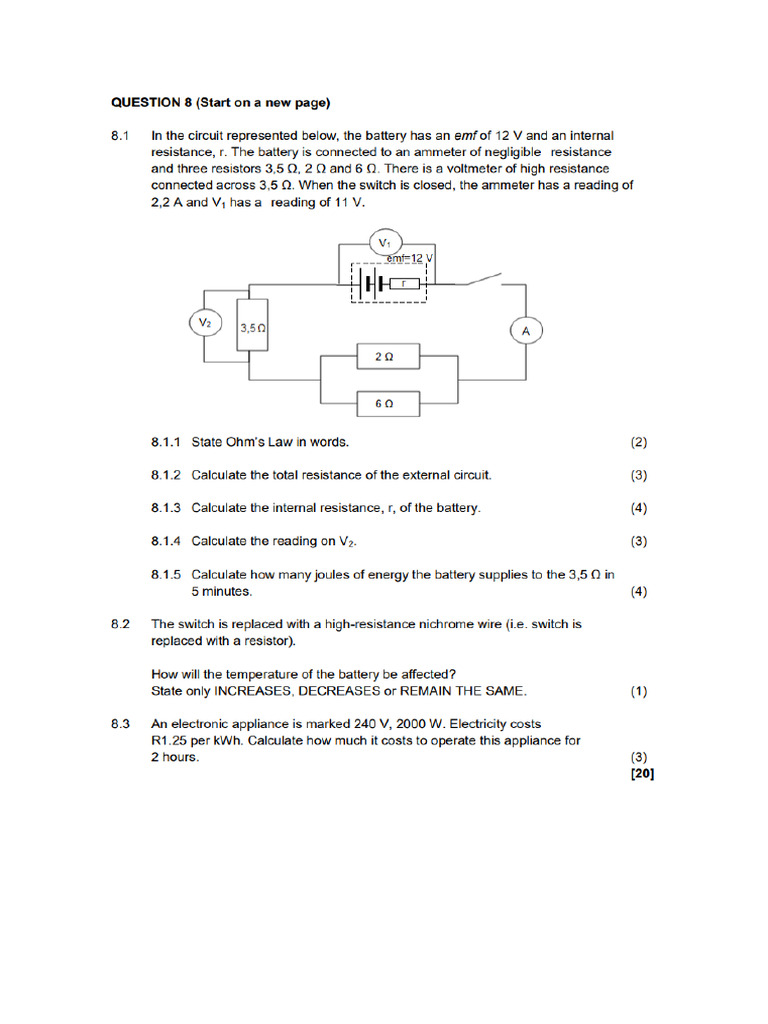 Electric Circuits Grade 12 Exam-Type Practice Question | PDF